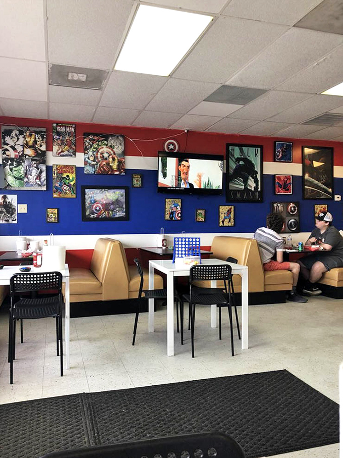 Step into a world where burgers and superheroes unite. The red, white, and blue walls create the perfect backdrop for epic eating adventures.