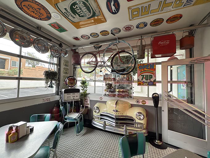 Step inside and you're transported to a bygone era where vintage signs and classic car memorabilia create the ultimate time-travel experience.