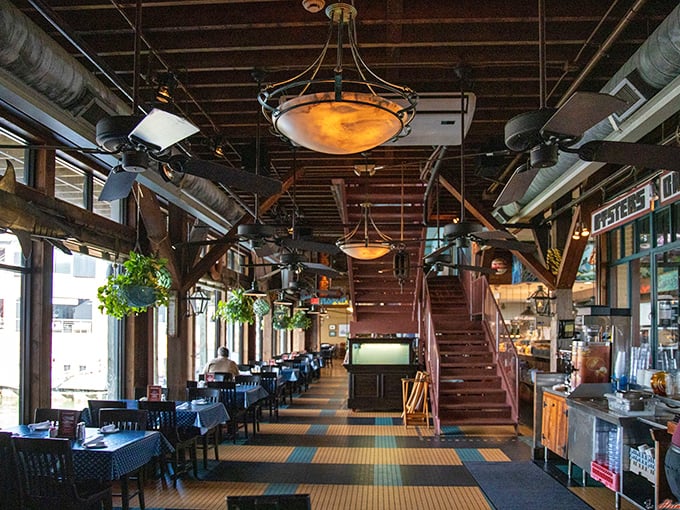 Exposed wooden beams, nautical touches, and that unmistakable seaside light. It's like dining inside a ship that happens to serve incredible seafood.