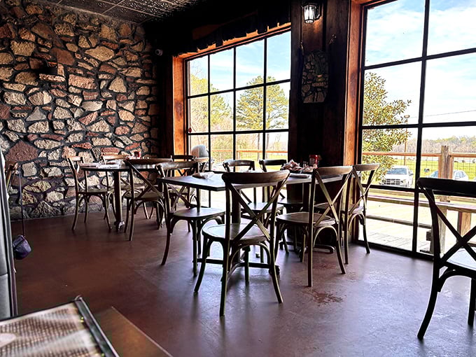 Stone walls and cross-back chairs create the perfect backdrop for river views&mdash;like dining in a cozy cabin that happens to serve legendary seafood.