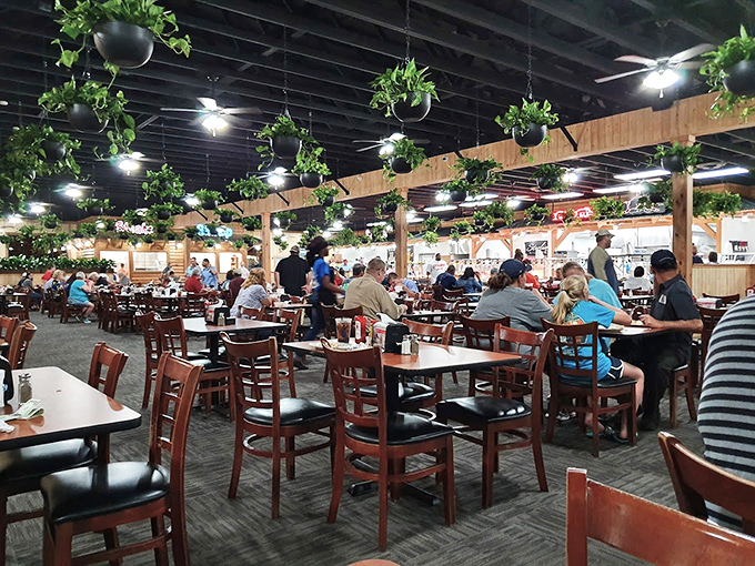 Hanging plants create an indoor garden atmosphere while diners commune over plates piled high with Southern favorites. The buzz of satisfaction fills the air.