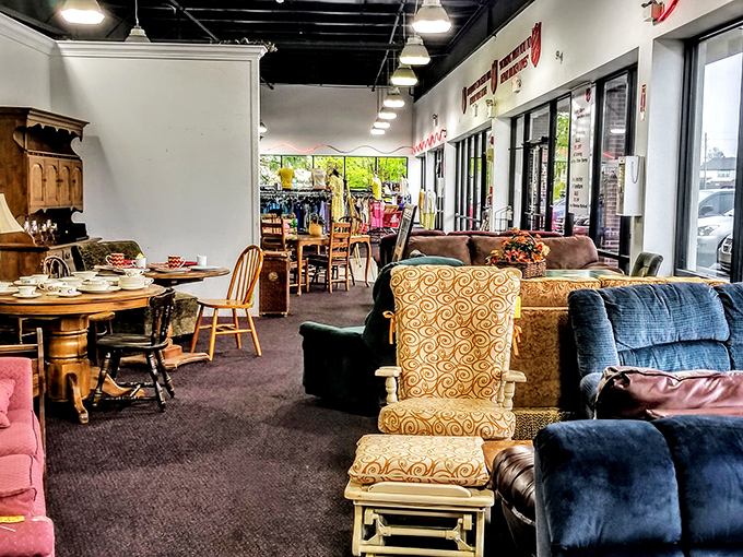 Furniture showroom or someone's incredibly eclectic living room? Either way, that golden chair demands attention.