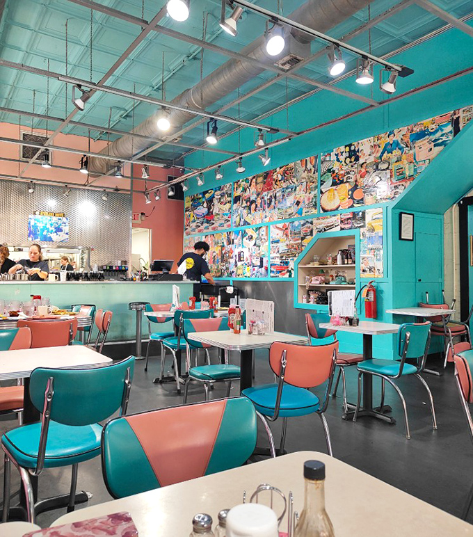 Retro-cool turquoise and coral create a time-warp worthy of Happy Days, but with better coffee and crispier bacon.