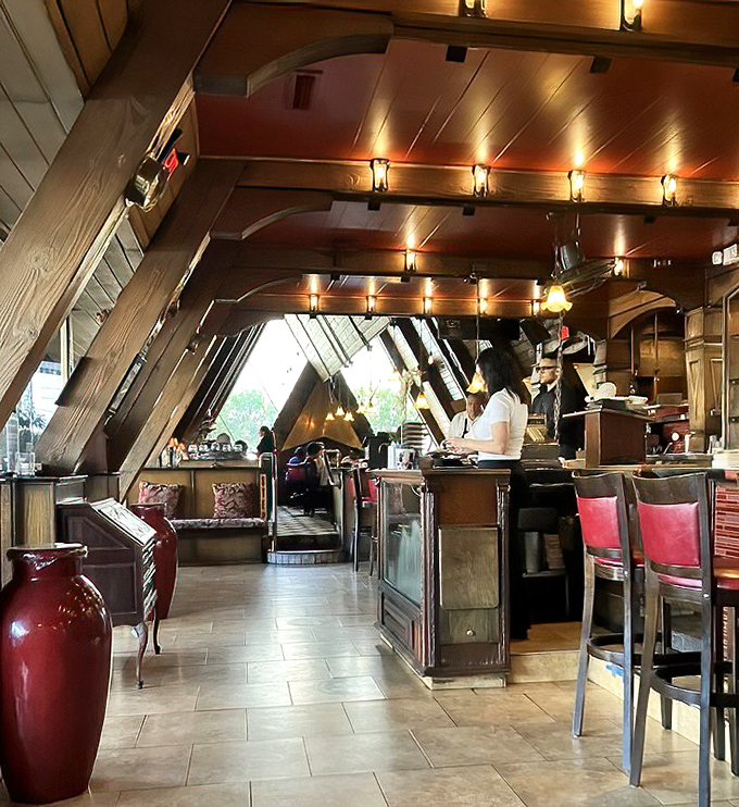 Those dramatic wooden beams create the perfect atmosphere for contemplating life's important questions, like pancakes or French toast.