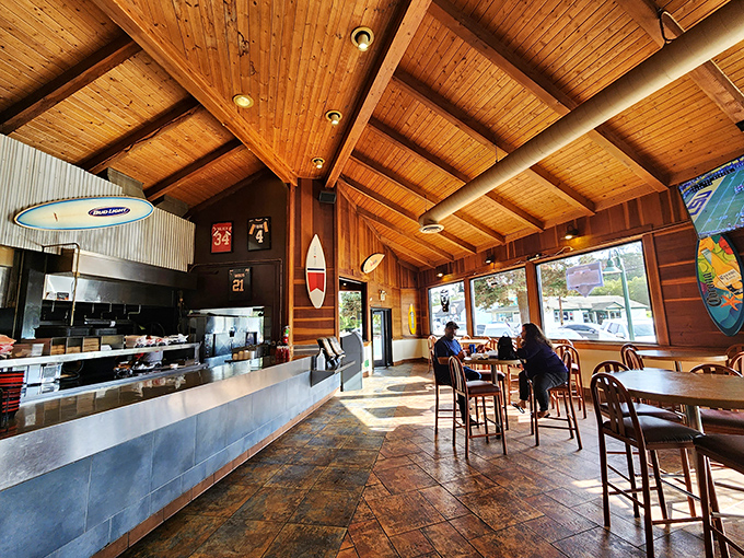 Wood beams and natural light create the perfect backdrop for serious barbecue business.