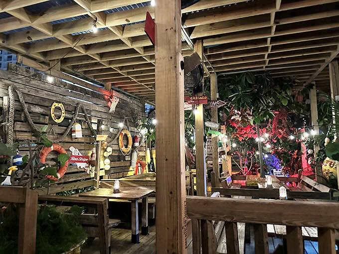 Inside Le Tub, nautical treasures and twinkling lights create a wonderfully weird atmosphere that feels like a pirate's hideout with food service.