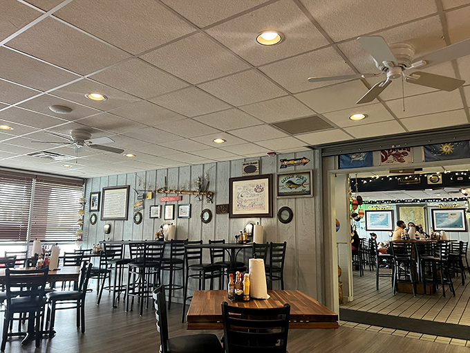 Light blue paneling and maritime decor transport you hundreds of miles from Cincinnati to some forgotten coastal hideaway where calories don't count.