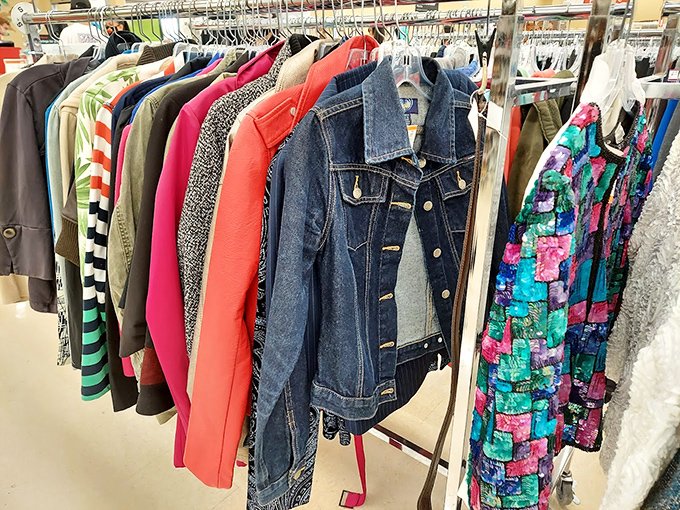 A rainbow of possibilities hangs in perfect formation &ndash; that vibrant geometric jacket might just be your next conversation starter.