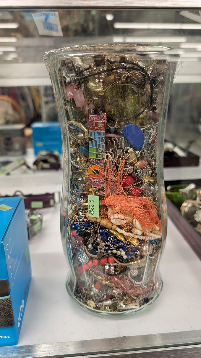 One person's tangled jewelry mess is another's treasure trove. This jar contains countless stories and possibly that perfect vintage piece you've been seeking.