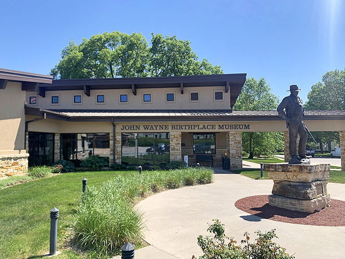 The John Wayne Birthplace Museum honors Winterset's most famous son, complete with a statue that stands tall&mdash;just like the Duke's legendary screen presence.