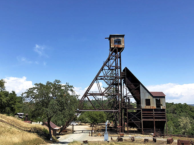The Kennedy Mine headframe stands as a towering reminder of Jackson's golden past, when fortunes were made and lost beneath these hills.