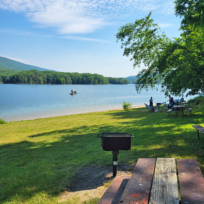 Lakeside picnicking at its finest&mdash;where even a simple sandwich tastes gourmet when accompanied by this postcard-perfect view. Nature's dining room awaits! 