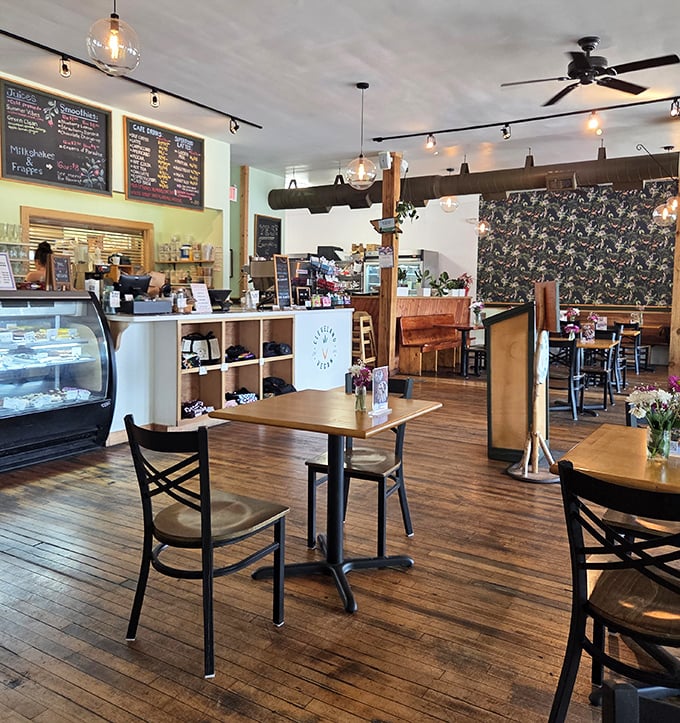 Warm wooden floors, pendant lighting, and chalkboard menus create the perfect backdrop for your plant-based epiphany. Like a vegetable speakeasy!