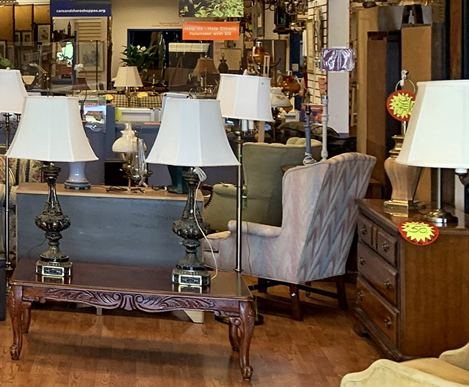 Elegant table lamps await new homes. One person's castoff becomes another's statement piece in this furniture wonderland.