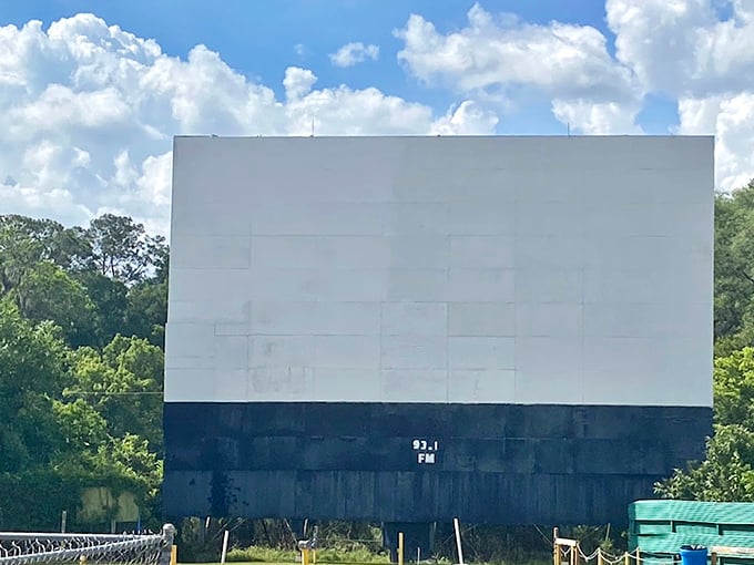 Standing tall against Florida's blue sky, this massive white screen awaits its nightly transformation from blank canvas to cinematic portal.