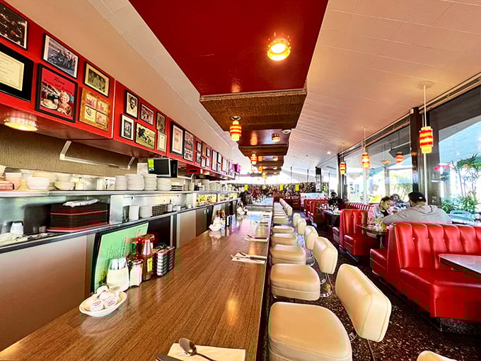 Red vinyl booths and cream counter stools await hungry patrons. This isn't just a diner&mdash;it's a museum where the exhibits are edible.