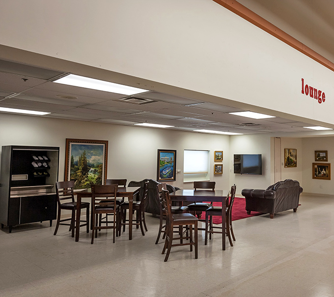 Even treasure hunters need a breather&mdash;this lounge area proves that antique shopping counts as legitimate cardio exercise.