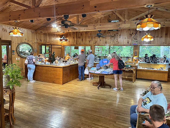 Wood-paneled walls and warm lighting create the perfect backdrop for browsing treasures while waiting for your BBQ fix.