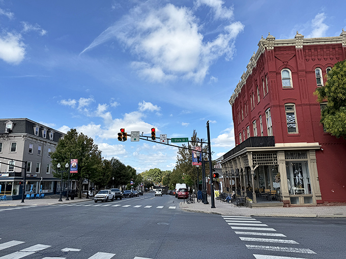 Downtown Ephrata's intersection showcases the town's architectural character—that striking red building has probably witnessed more local gossip than a century of barber shops.