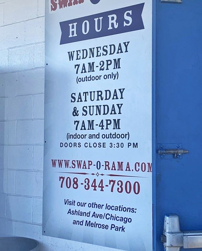 Operating hours posted like a treasure map's legend. Wednesday for the early birds, weekends for the serious haul&mdash;timing is everything in bargain hunting.