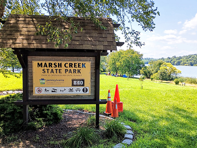 Even the park sign seems to be saying, "Take a deep breath, friend." Marsh Creek welcomes visitors with rustic charm and the promise of adventure.