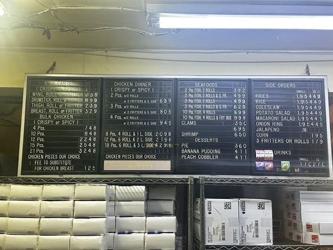 No artisanal font here, just straightforward menu honesty promising golden fried goodness that's been perfecting its craft for decades.