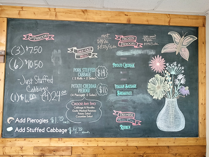 The chalkboard menu speaks the universal language of comfort food. Simple choices, extraordinary results &ndash; just as the pierogi gods intended.