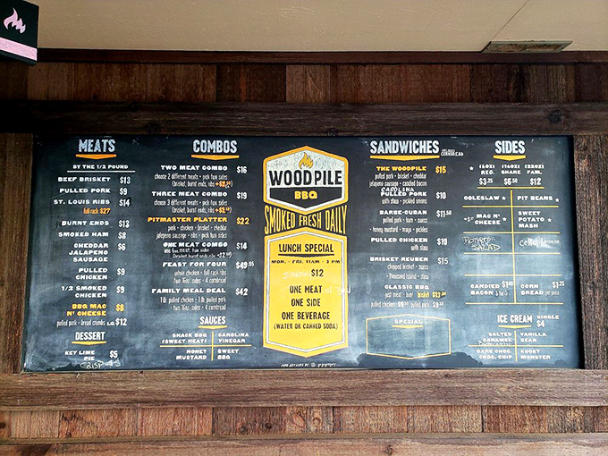The menu board speaks fluent BBQ: no frills, just thrills, with meat sold by the glorious pound.