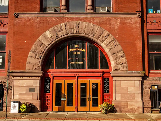 The National Transit Building stands as a testament to Oil City's petroleum heritage, its magnificent arched entrance welcoming visitors into history.