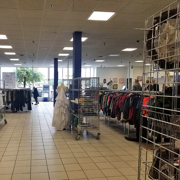 Just past the entrance, the adventure begins. Racks of clothing and metal carts await shoppers ready to embark on their thrifting expedition.