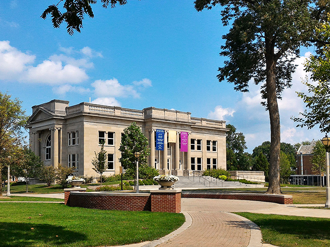 DePauw University's stately buildings bring Ivy League vibes to the Midwest, offering cultural richness that belies Greencastle's small-town status.