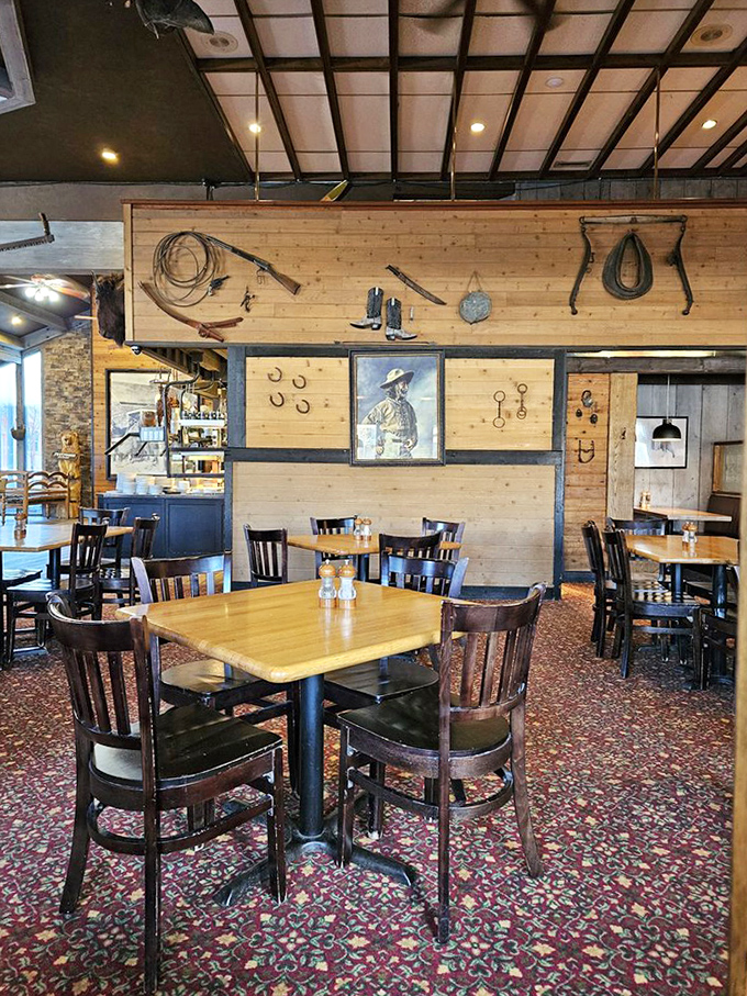 Western heritage adorns every inch of this dining room, where cowboy memorabilia isn't kitsch but a genuine nod to Utah's frontier spirit.