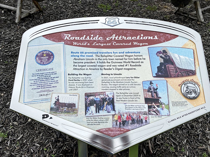 History meets whimsy on this informational plaque, where Guinness World Records confirms what your eyes can't believe&mdash;this wagon is officially, monumentally enormous.