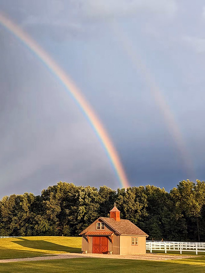 Mother Nature showing off again! A double rainbow arches over the charming barn, as if the universe is giving Erinwood its official seal of approval.