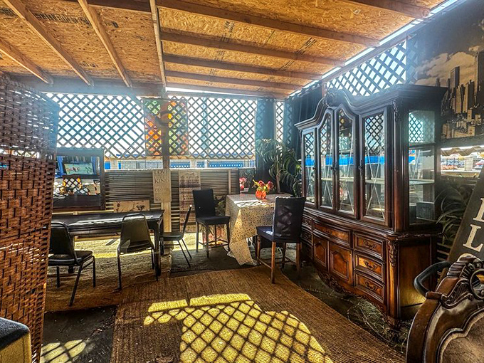 Step inside and you're transported to someone's cherished dining room, where latticed windows filter California sunshine onto mismatched furniture that feels just right.