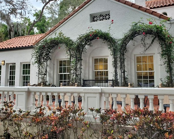 The historic Selby House stands as a Mediterranean dream, where climbing vines create natural archways that practically beg you to walk through them.