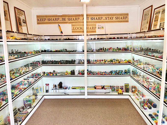 Wall-to-wall wonder awaits inside, where glass cases showcase thousands of sharpeners under motivational slogans like "Keep Sharp" and "Look Sharp."