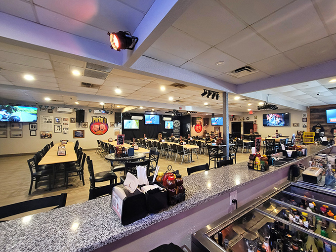 The spacious interior offers plenty of seating, multiple TVs, and the promise that whatever sporting event you're missing is less important than the meat you're about to enjoy.