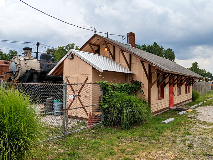 The Worthington station building houses treasures of railroad history, with a steam giant keeping watchful guard nearby.