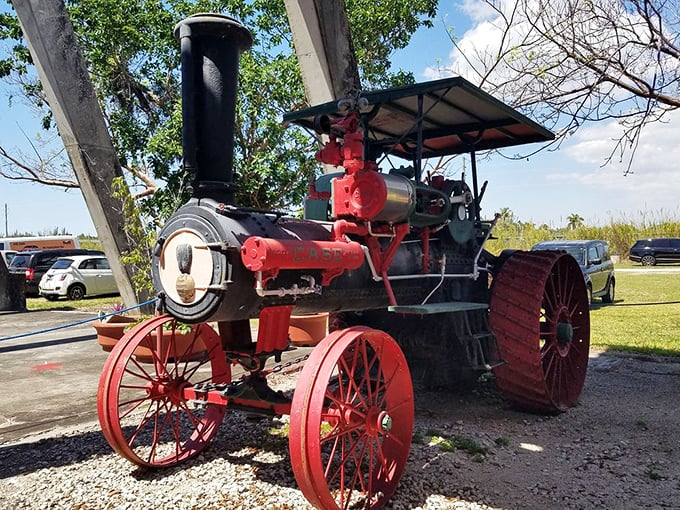 This vintage steam traction engine, with its bold red wheels and industrial charm, represents the earliest evolution of steam power before it hit the rails.