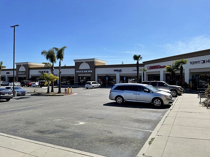 Palm trees and premium brands create that quintessential California shopping experience. Even the parking lot feels like it's saying, "Relax, you're on vacation."