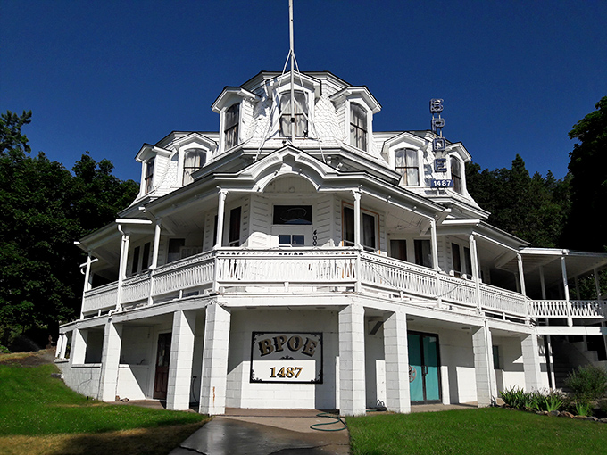 The majestic Elks Lodge stands as a gleaming white sentinel of history, its octagonal cupola and wraparound porch whispering stories of Susanville's colorful past.