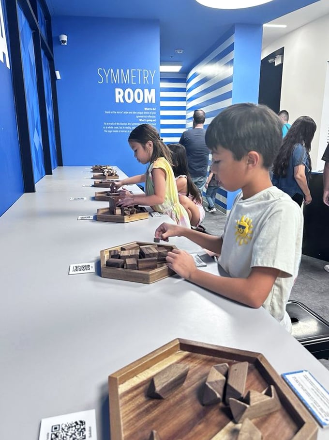 In the Symmetry Room, wooden puzzles challenge visitors of all ages. Even Einstein would scratch his head at some of these brain-teasers.
