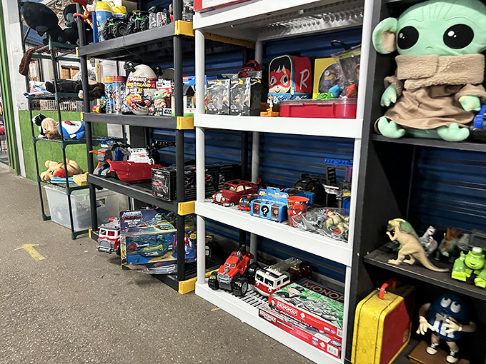 A nostalgic wonderland of collectible toys where Baby Yoda stands guard over vintage vehicles. Your inner child just found its weekend plans.