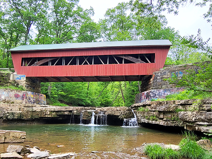 Where engineering meets enchantment&mdash;this little waterfall beneath the bridge performs nature's version of a sound machine.