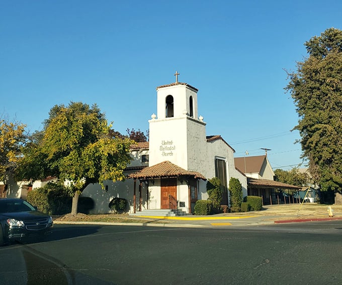 The United Methodist Church stands as a serene sentinel of faith, its mission-style architecture a reminder of California's rich cultural heritage.