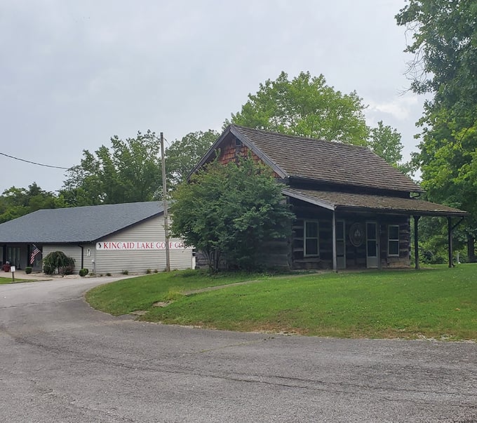 The rustic charm of Kincaid Lake's golf course building whispers stories of countless family outings and friendly competitions through the decades.