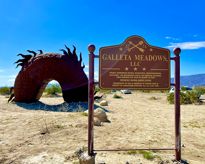 Welcome to Galleta Meadows, where the sign might be ordinary, but what lies beyond is anything but conventional desert fare.