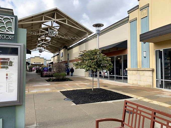 Covered walkways protect shoppers from Ohio weather while designer deals await around every corner.