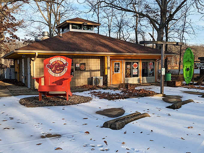 The Walnut Point concession stand, where that oversized red chair isn't compensating for anything &ndash; it's just Illinois' way of saying "sit a spell."